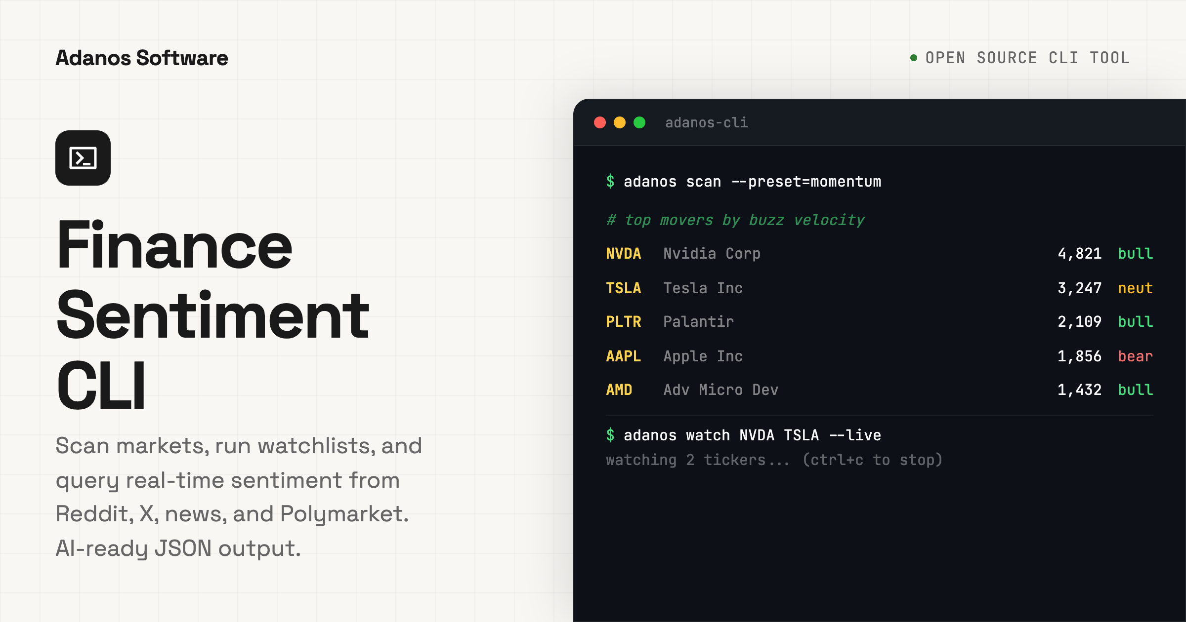Finance Sentiment CLI for Stocks & Crypto | Adanos